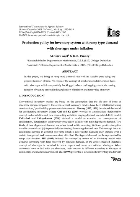Pdf Production Policy For Inventory System With Ramp Type Demand With Shortages Under Inflation