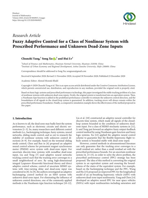 PDF Fuzzy Adaptive Control For A Class Of Nonlinear System With Prescribed Performance And