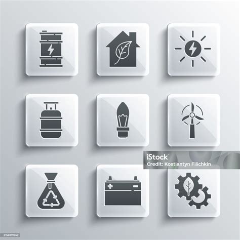 세트 자동차 배터리 기어 기계 풍력 터빈 전구 재활용 프로판 가스 탱크 바이오 연료 배럴 및 태양 에너지 패널 아이콘에 쓰레기 봉투 리프 식물 벡터 0명에 대한 스톡 벡터