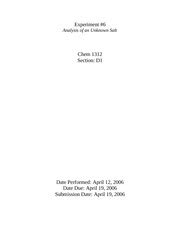 Inorganic Exp Experiment Analysis Of An Unknown Salt Chem Section D Date Performed