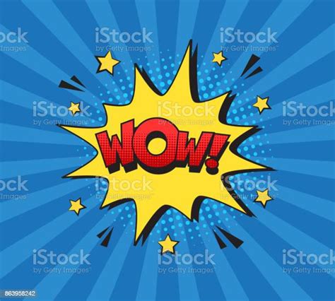 블루 줄무늬 패턴에 다채로운 하프톤 그림자와 함께 레트로 만화 연설 거품이 있다 식 텍스트 와우입니다 낱말에 대한 스톡 벡터