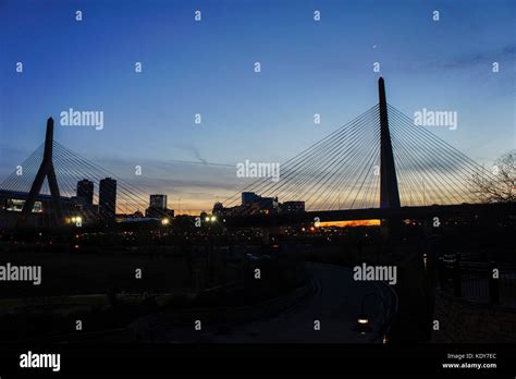Sunset View Of The Leonard P Zakim Bunker Hill Bridge At Boston