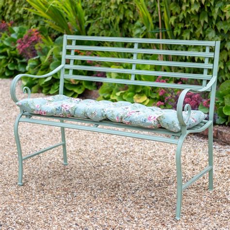 Slatted Wrought Iron Garden Bench Sage Green Opulent Co