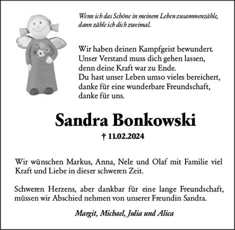 Traueranzeigen Von Sandra Bonkowski Vrm Trauer De