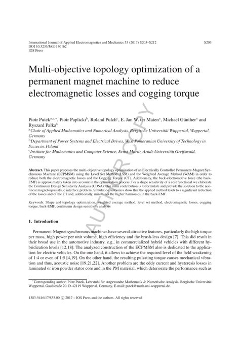 Pdf Multi Objective Topology Optimization Of A Permanent Magnet Machine To Reduce