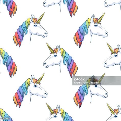 마법의 유니콘 무지개 갈기와 황금 뿔이 달린 유니콘의 머리 프리핸드 드로잉 및 윤곽선 매끄러운 배경 0명에 대한 스톡 벡터 아트 및 기타 이미지 Istock