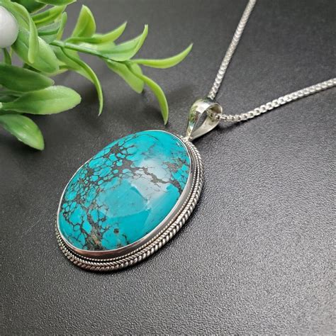 Stn 11 22x30mm Big Turquoise Necklace Pendant With Silver Chain