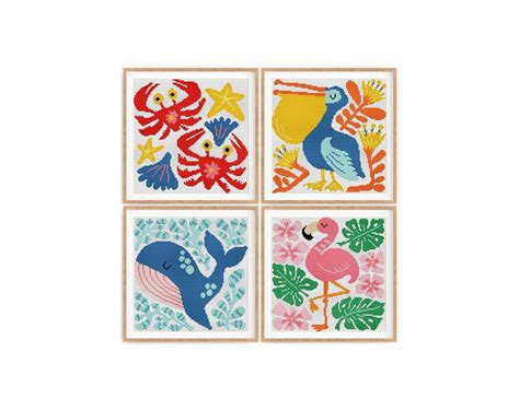 Set Of 4 Modern Boho Cross Stitch Patterns Abstract Floral Cross