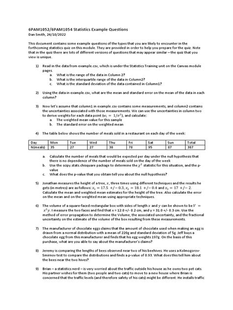 Example Stats Questions Pdf Statistics P Value