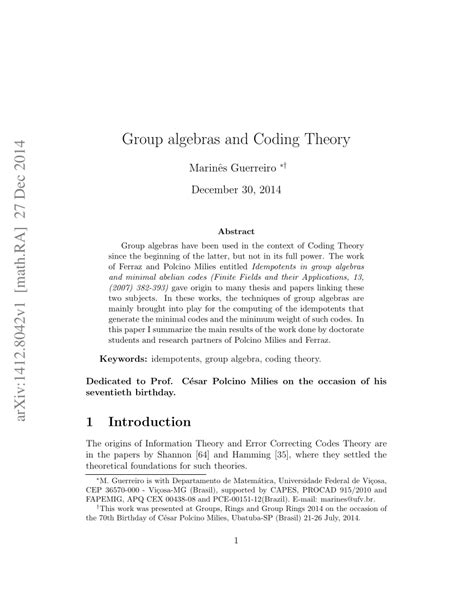 Pdf Group Algebra And Coding Theory