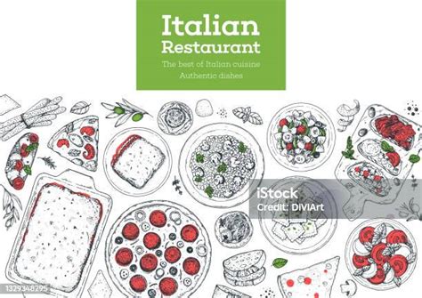 이탈리아 요리 메뉴 맨 위 보기입니다 스케치 일러스트레이션 이탈리아 음식 디자인 템플릿입니다 손으로 그린 벡터 그림 흑백 각인 된 스타일 파스타와 피자 안티 파소 정통 요리