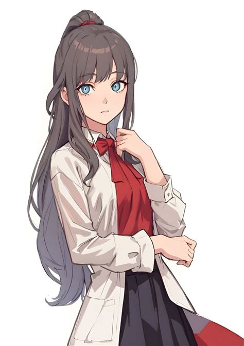 An Anime Girl With Long Hair Wearing A White Shirt And Red Bow Tie