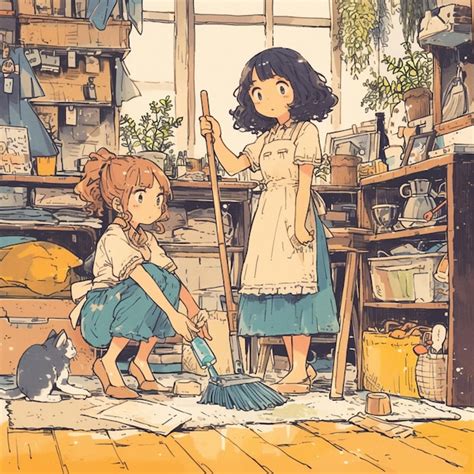 Premium Photo Anime Illustration Of Two Girls Cleaning A Room With A Broom Generative Ai