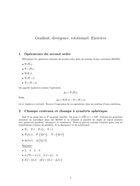 exercice s grad div rot pdf divergence analyse vectorielle pente