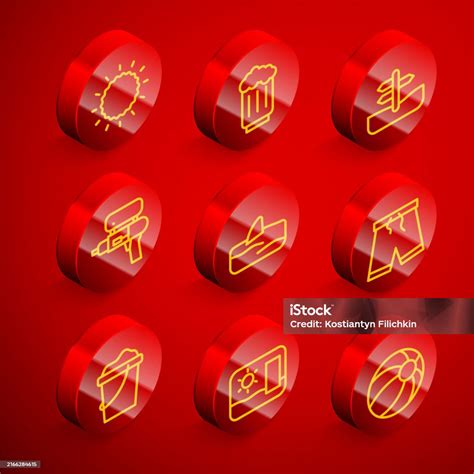 세트 라인 태양 나무 맥주 잔 도로 교통 표지판 물총 바다 파도에 상어 지느러미 수영 트렁크 모래 양동이 및 여행 엽서 아이콘 벡터 3차원 형태에 대한 스톡 벡터 아트 및