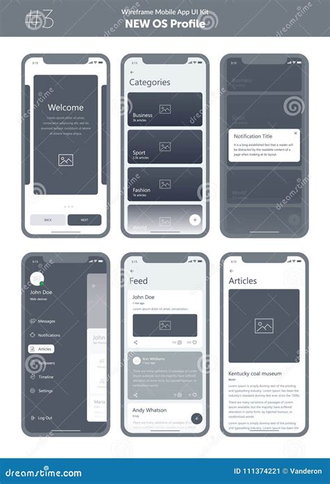 Wireframe Kit For Mobile Phone Mobile App Ui Ux Design New Os Profile Stock Vector