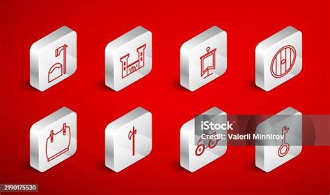 세트 라인 오래 된 열쇠 성 중세 깃발 둥근 나무 방패 나무 4 륜 카트 나무 블록 미늘창 및 방탄복 아이콘에 사형 집행인 도끼 벡터 3차원 형태에 대한 스톡 벡터 아트 및