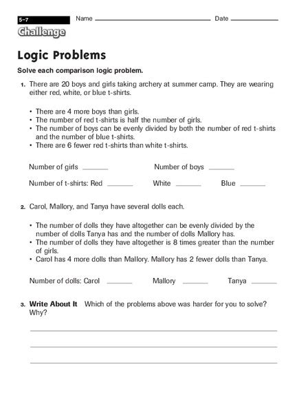 Logic Problems Worksheet For 5th 6th Grade Lesson Planet