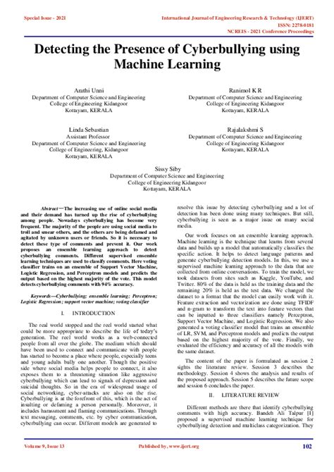 Pdf Detecting The Presence Of Cyberbullying Using Machine Learning