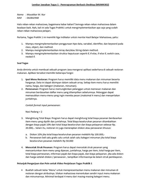 Lembar Jawaban Tugas 1 Pemrograman Berbasis Desktop Msim4302 Pdf