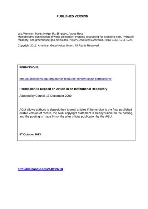 Pdf Multiobjective Optimization Of Water Distribution Systems