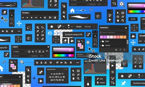 사진 처리 도구의 배경 도구 블록 래스터 그래픽 편집기 디자이너 Bg 디자이너를 위한 아이콘 및 도구 세트 디자인에 대한 스톡