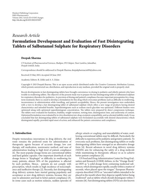 Pdf Formulation Development And Evaluation Of Fast Disintegrating Tablets Of Salbutamol