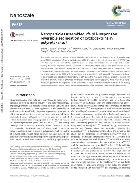 Pdf Nanoparticles Assembled Via Ph Responsive Reversible Segregation Of Cyclodextrins In