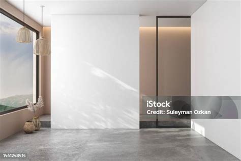 베이지색과 흰색 배경 콘크리트 바닥 태양 광선 아늑한 집 실내 식물이 있는 미니멀한 빈 객실 사무실과 거실을위한 복사 공간 영역 모형3d 렌더링 0명에 대한 스톡 사진 및