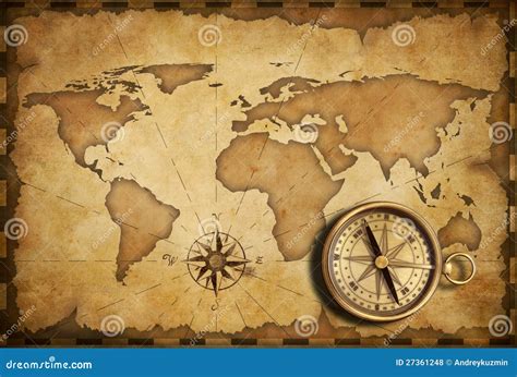 Brass Antique Nautical Compass With Old Map Stock Illustration