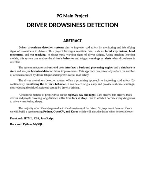 Driver Drowsiness Detection Abstract Pdf