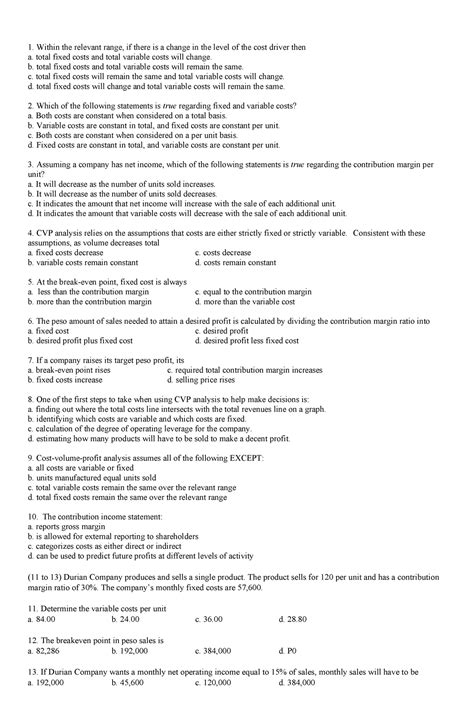 Cvp Analysis Seatwork Within The Relevant Range If There Is A