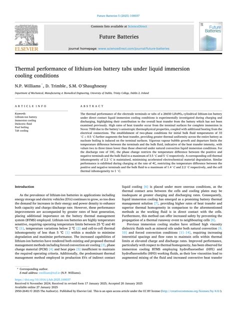 Pdf Thermal Performance Of Lithium Ion Battery Tabs Under Liquid Immersion Cooling Conditions