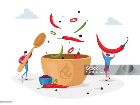캐릭터 요리 뜨거운 매운 음식 빨강과 녹색 할라피노 칠리 페퍼와 함께 맛있는 식사를 요리하는 작은 남자와 여자 부엌에 대한 스톡