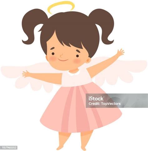 귀여운 소녀 천사 와 님버스 와 날개 사랑스러운 아기 만화 캐릭터 천사 의상 벡터 일러스트 거룹에 대한 스톡 벡터 아트 및 기타 이미지 Istock