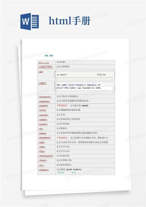 html手册Word模板下载 编号lojbnkko 熊猫办公