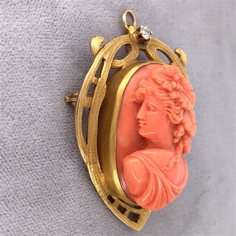 Antique 14k Coral Cameo Pin With Diamond For Sale At 1stdibs