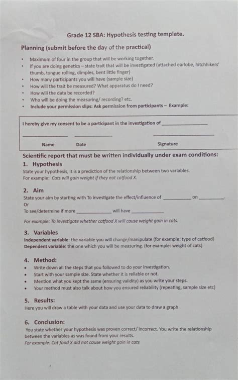 Grade 12 Sba Hypothesis Testing Template Planning Submit Before The Da