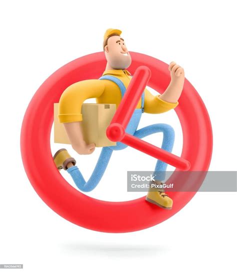 배달원은 소포를 손에 들고 달린다 3d 그림입니다 만화 캐릭터입니다 특급 배송 개념입니다 스톱워치 아이콘입니다 3차원 형태에 대한 스톡 사진 및 기타 이미지 Istock