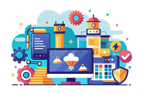this illustration showcases a vibrant workspace featuring computer screens gears and tools