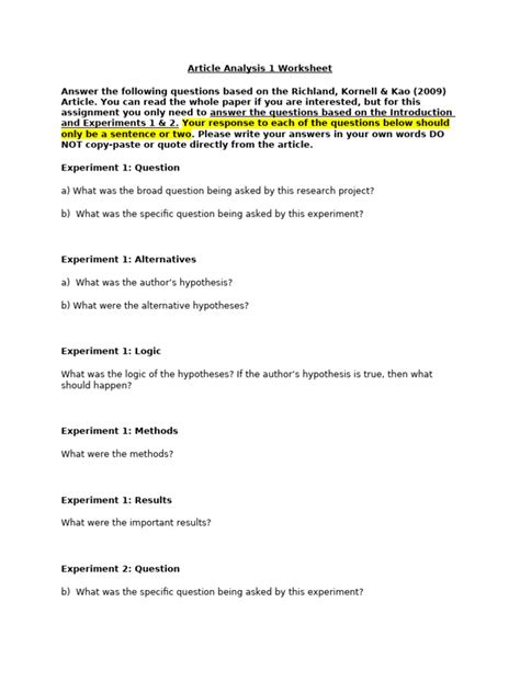 Article Analysis Worksheet Experiments 1 And 2 Pdf
