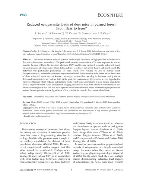 Pdf Reduced Ectoparasite Loads Of Deer Mice In Burned Forest From
