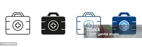 의학 도구 상자 블랙과 컬러 사인 컬렉션 약물 도움 여행 가방 기호입니다 구급 상자 라인과 실루엣 아이콘 세트 의사 의료 응급 사례 픽토그램 고립된 벡터 그림 구급 상자에