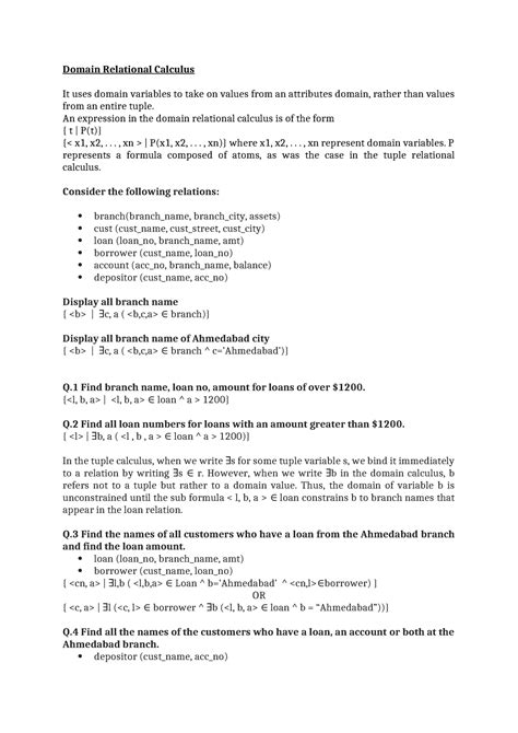 Domain Relational Calculus An Expression In The Domain Relational