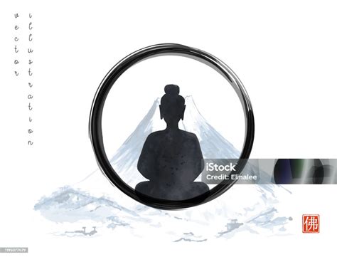 후지야마 산 배경에 검은 엔소 선 원에 명상 부처님의 실루엣 전통적인 일본 식 수묵 화수 스미에 상형 문자 부처님 감사에 대한 스톡 벡터 아트 및 기타 이미지 Istock