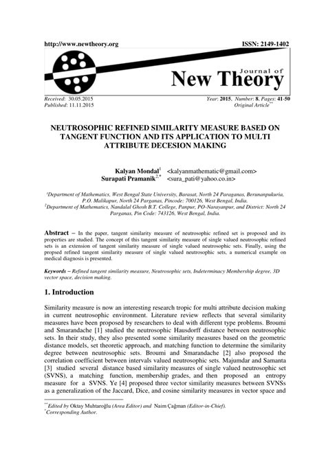 Pdf Neutrosophic Refined Similarity Measure Based On Tangent Function And Its Application To