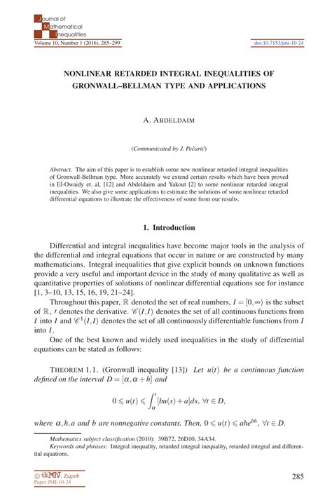 Pdf Nonlinear Retarded Integral Inequalities Of Gronwall Bellman Type And Applications