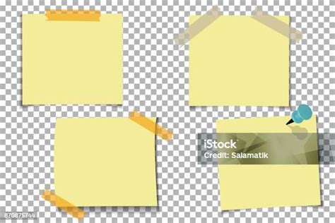 스티커 테이프 투명 한 배경에 격리와 사무실 노란 종이 메모를 설정 합니다 당신의 프로젝트를 위한 템플릿입니다 벡터 수평 구성에