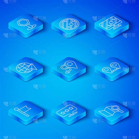 设置线路定位标志、路线定位、星形地图指针、监视器、全球飞行飞机、道路交通标志和搜索图标。向量
