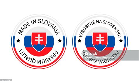 Made In Slovakia 라운드 라벨은 영어와 슬로바키아어로 제작되었습니다 품질 표시 벡터 아이콘입니다 로고 디자인 태그